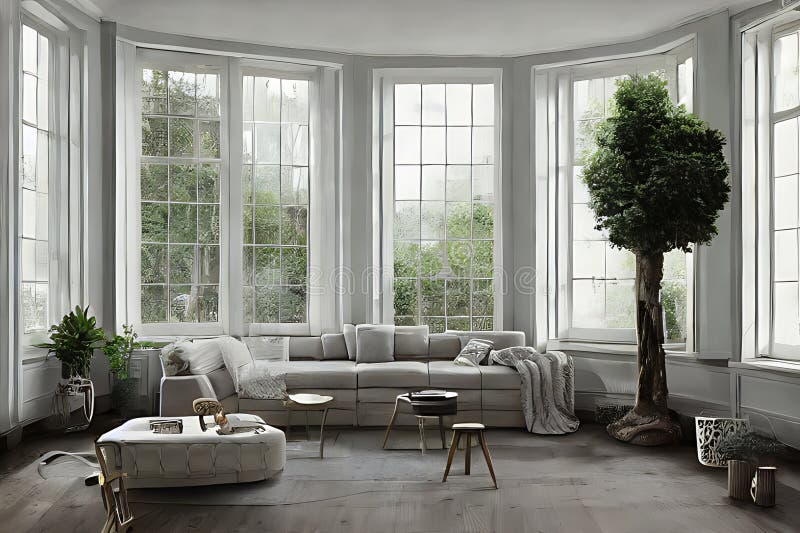 Modern Drawing Room with White Background and Plants Big Windows and ...