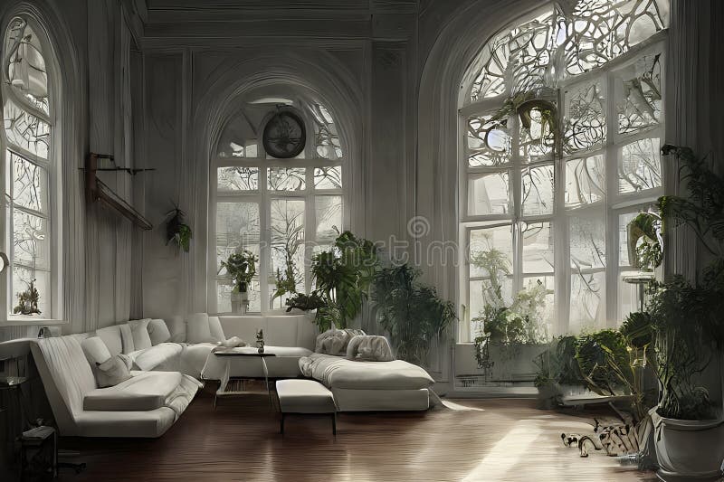 Modern Drawing Room with White Background and Plants Big Windows and ...