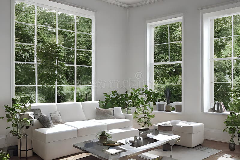 Modern Drawing Room with White Background and Plants Big Windows and ...