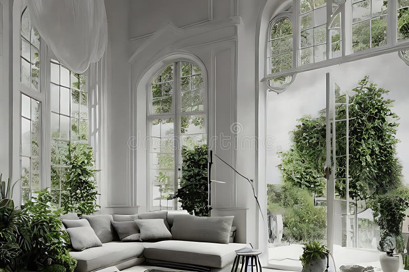 Modern Drawing Room with White Background and Plants Big Windows and ...
