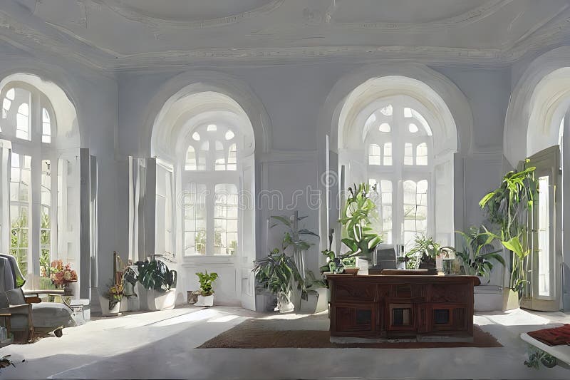 Modern Drawing Room with White Background and Plants Big Windows and ...