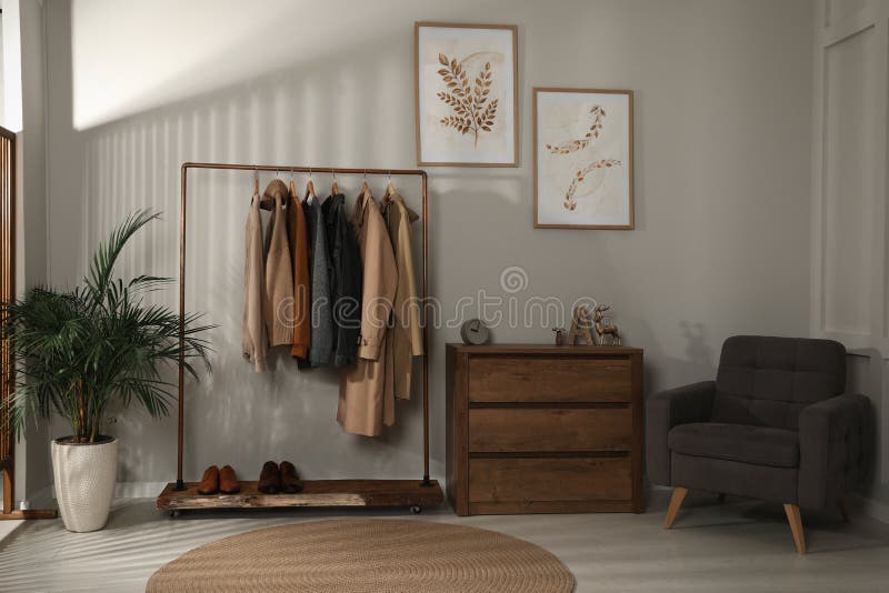 Modern Dressing Room Interior with Stylish Clothes, Shoes and ...