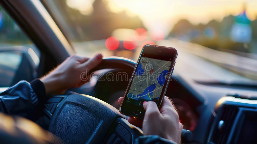 Modern Driving Technology, Driver Using Smartphone Navigation App in ...