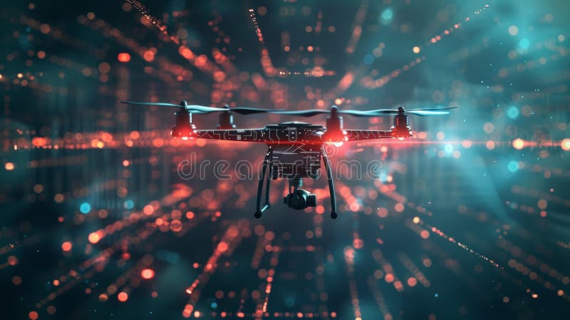 Modern Drone Flying through Digital Data Stream at Night Stock Photo ...