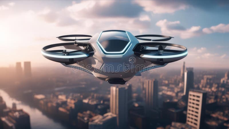 A Modern Drone is Circling Over the City. Stock Illustration ...