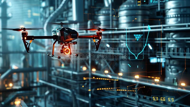 Modern Drone Flying in Futuristic Industrial Environment with Augmented ...