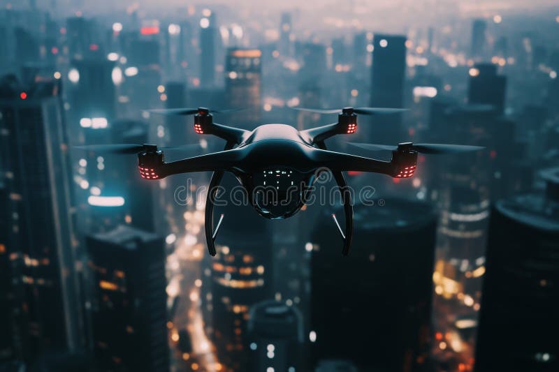 Modern Drone Flying in Night City with Camera Recording Stock Image ...