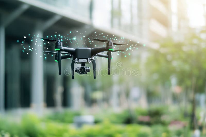 Modern Drone Flying in Urban Environment with Sparkling Effects. Stock ...