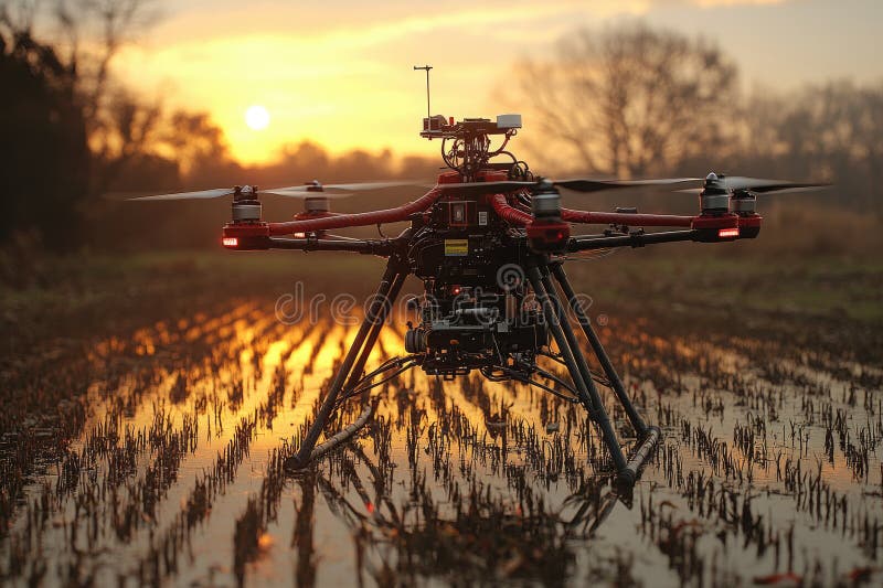 Drone in Rice Paddy at Sunset: Agricultural Technology Stock ...
