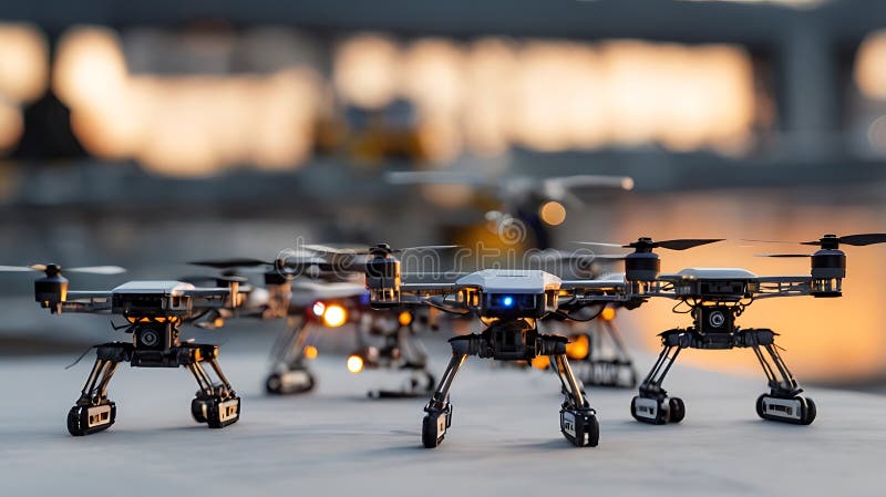 Modern Drones Standing on a Surface at Sunset Stock Illustration ...