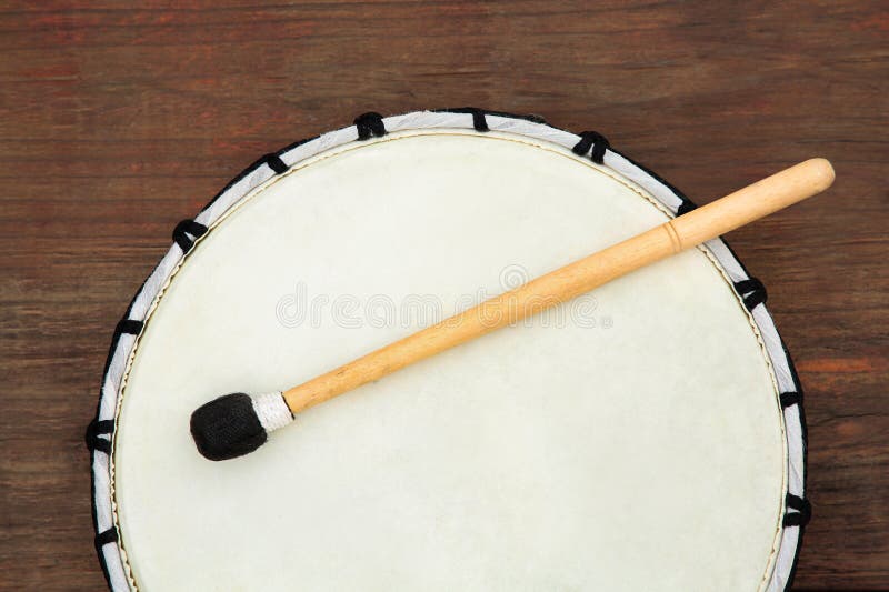 Modern Drum with Drumstick on Table, Top View. Percussion Musical ...