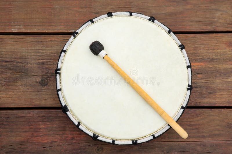 Modern Drum with Drumstick on Table, Top View. Percussion Musical ...