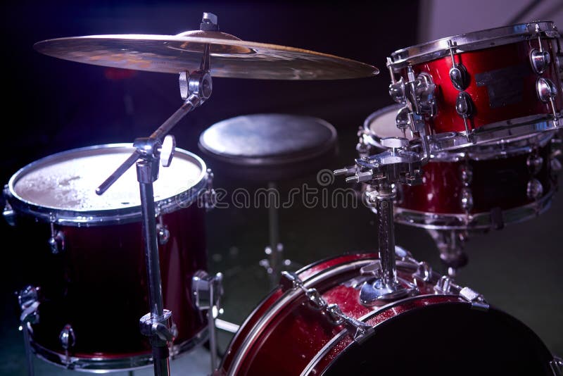 Modern Drum Set Instruments in Dark Studio Stock Image - Image of bass ...