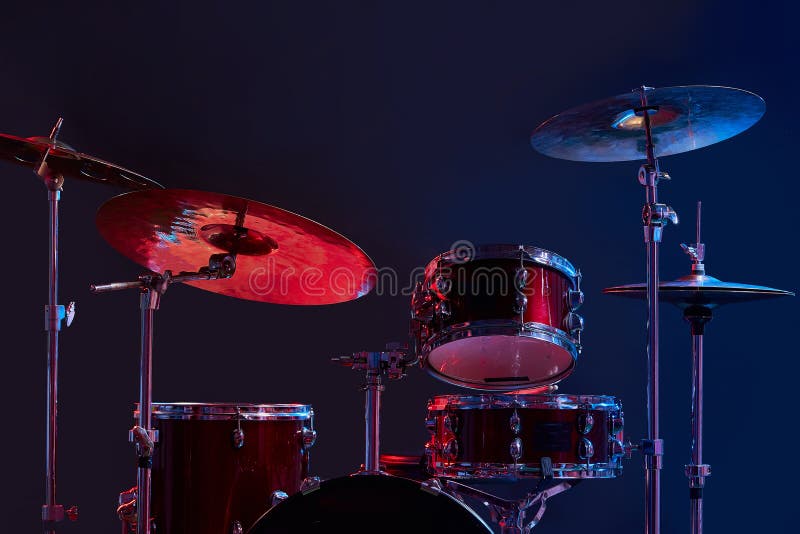 Modern Drum Set Instruments in Dark Studio Stock Photo - Image of close ...
