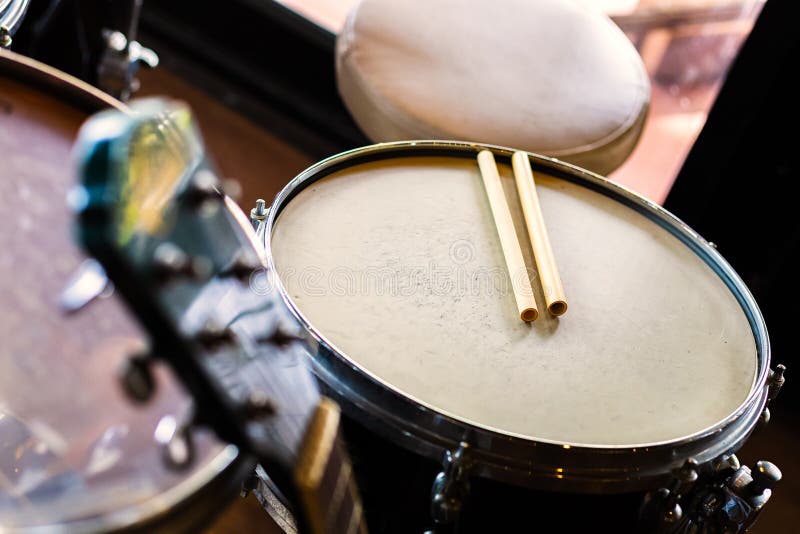 Modern Drum Set on Stage Prepared for Playing Stock Image - Image of ...
