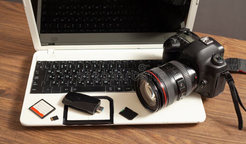 Modern DSLR Camera and Laptop Computer Stock Photo - Image of ...
