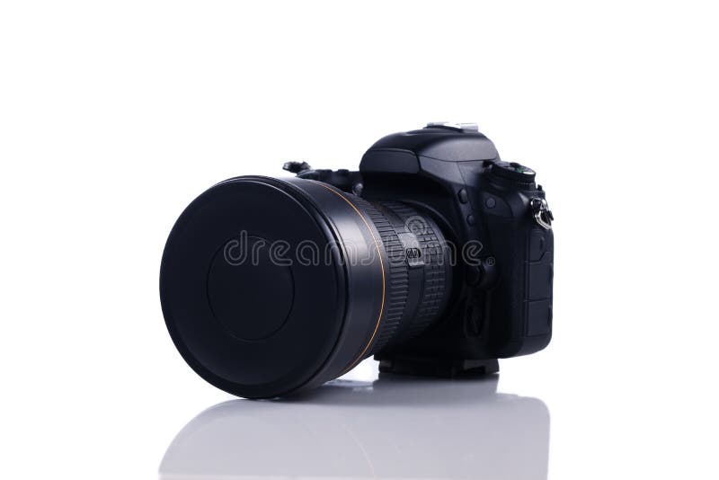 Modern DSLR Camera with Wide Angle Lens Isolated on White Stock Image ...