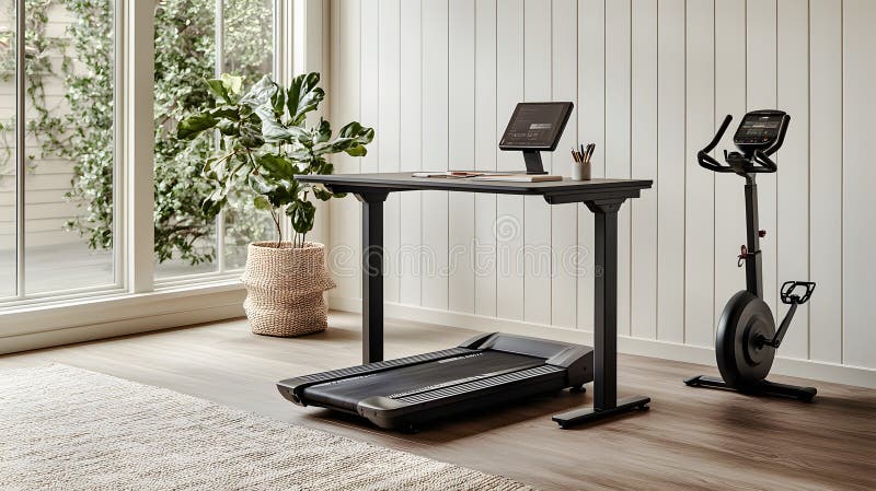 Modern Dual Purpose Desk Setup Featuring a Compact Treadmill for a ...