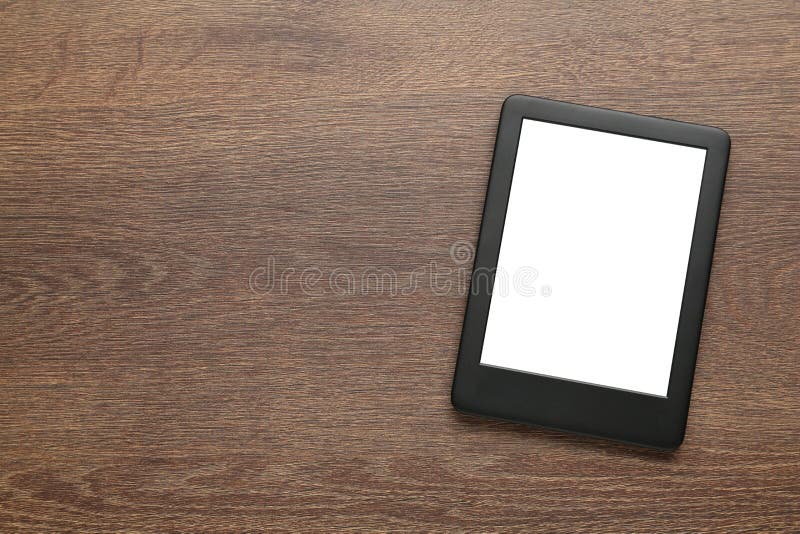 Modern E-book Reader with Blank Screen on Wooden Table, Top View. Space ...