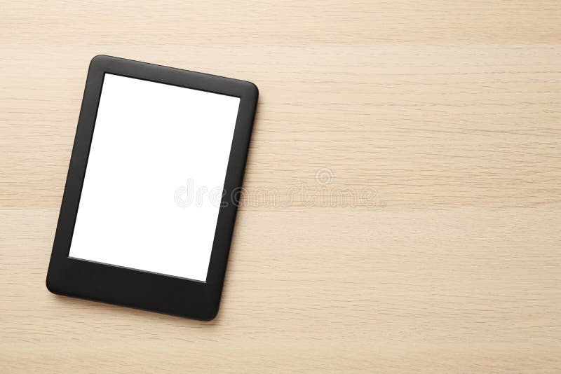 Modern E-book Reader with Blank Screen on Wooden Table, Top View. Space ...