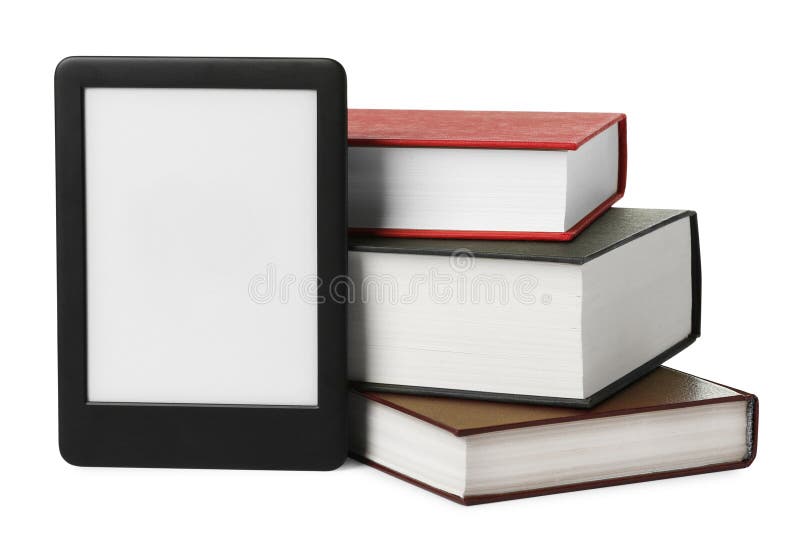 Modern E-book and Stack of Hardcover Books Isolated on White Stock ...