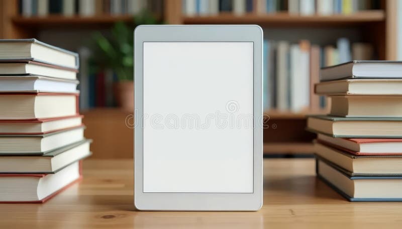 Modern E-reader Surrounded by Traditional Books on Library Shelf ...