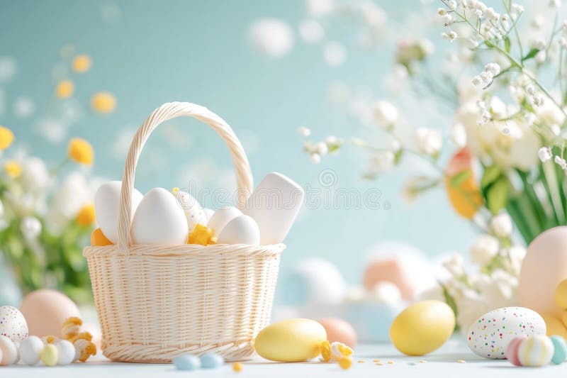 Modern Easter Basket Mockup with Pastel Eggs and Blank Card for Spring ...