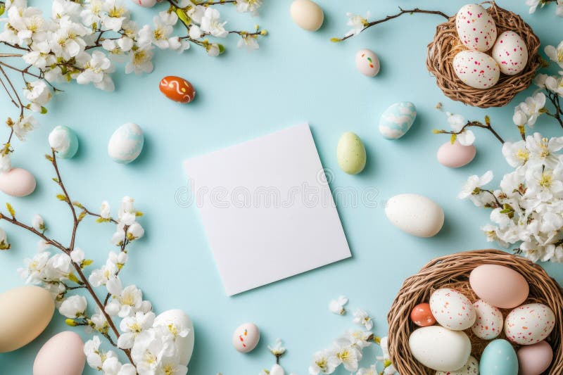 Modern Easter Basket Mockup with Pastel Eggs and Blank Card for Spring ...