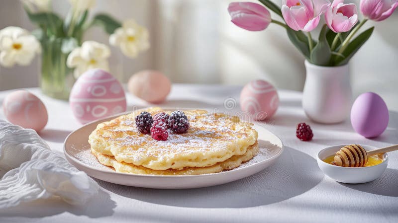 Modern Easter Breakfast Table with Pancakes and Berries. Concept of ...
