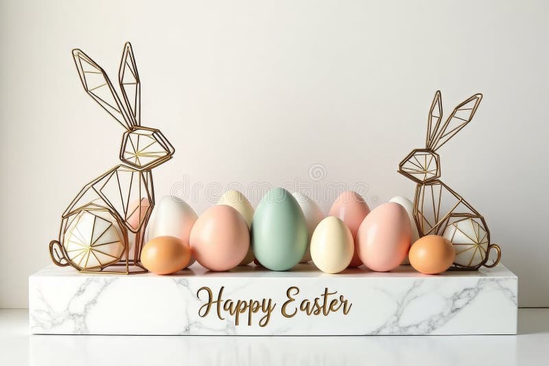 Modern Easter Display with Wire Rabbits and Eggs, Generative Ai Stock ...
