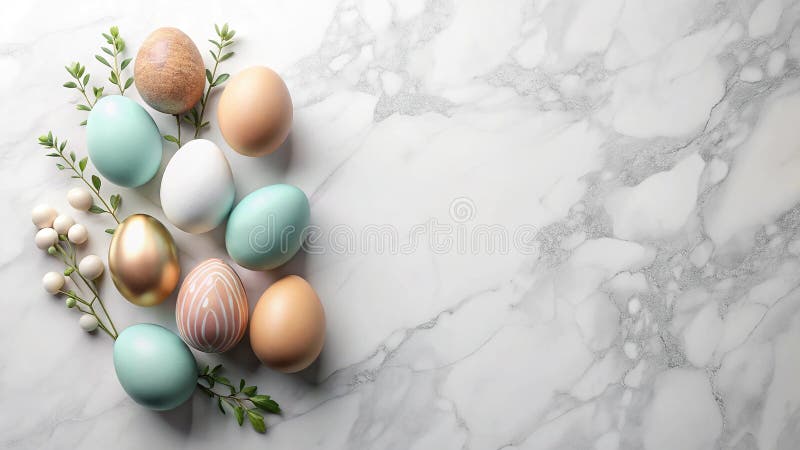 Modern Easter Flat Lay Design Elegant Marble Background with Easter Eggs Decor and Copy Space ...