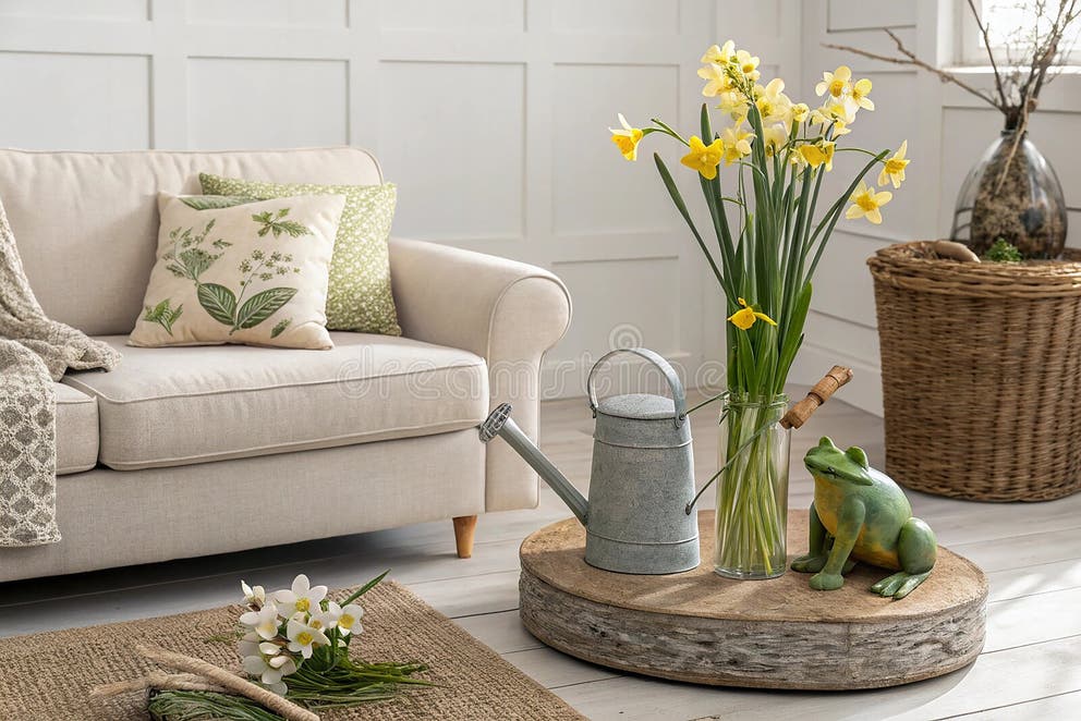 Modern Easter Interior with Neutral Sofa, Spring Decor, and Sculptural ...