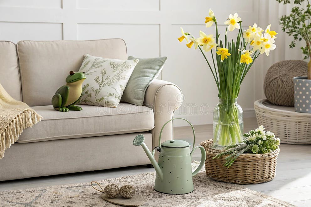 Modern Easter Interior with Neutral Sofa, Spring Decor, and Sculptural ...