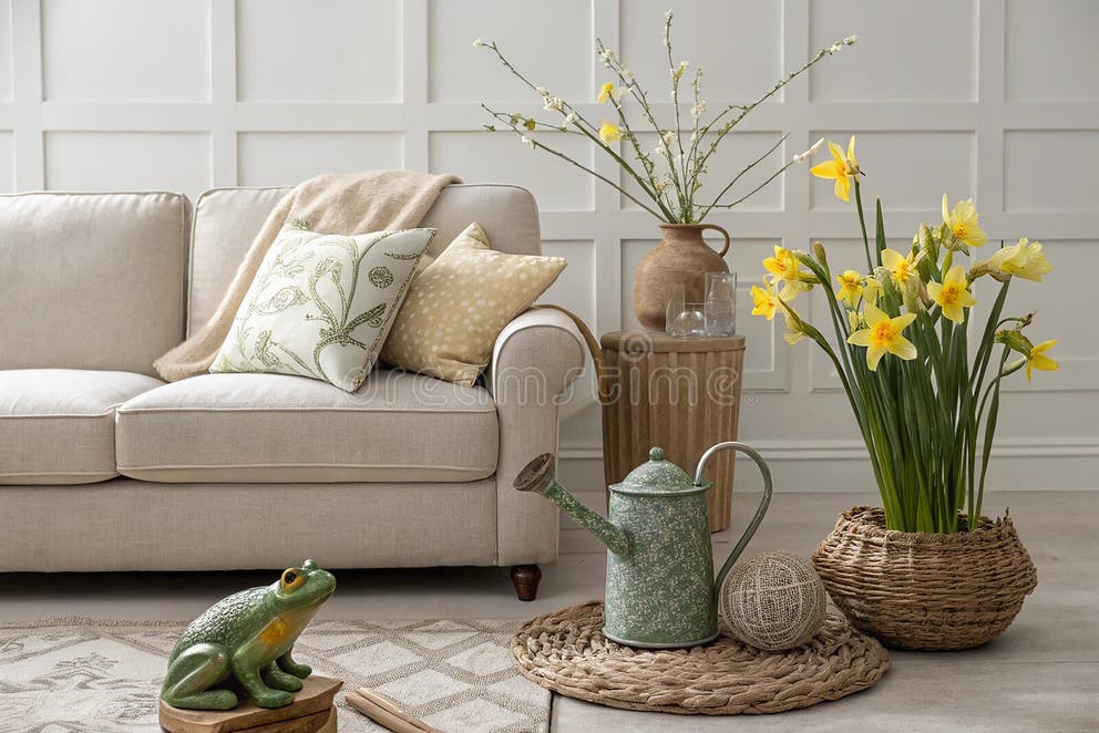Modern Easter Interior with Neutral Sofa, Spring Decor, and Sculptural ...