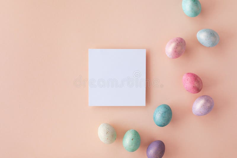 Modern Easter Mockup with White Blank and Colorful Easter Eggs Top View ...