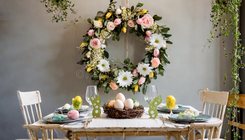 A Modern Easter Table Decoration with a Floral Easter Wreath Hanging on ...