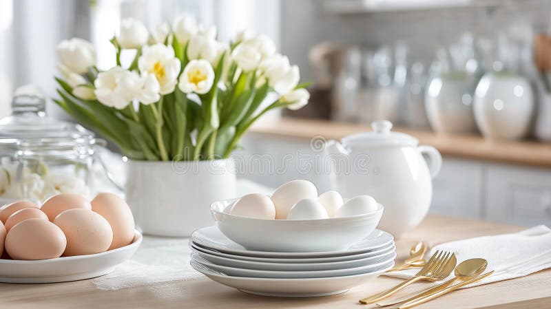 Modern Easter-themed Table Setting with Minimalist Decorations, Pastel ...