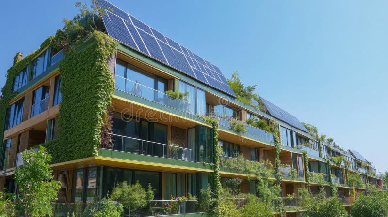 Modern Eco-Friendly Apartment Building with Solar Panels and Greenery ...