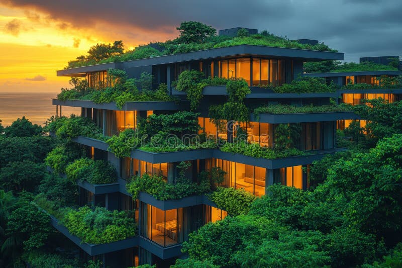 Modern Eco-friendly Building Illuminated at Sunset Surrounded by Lush ...