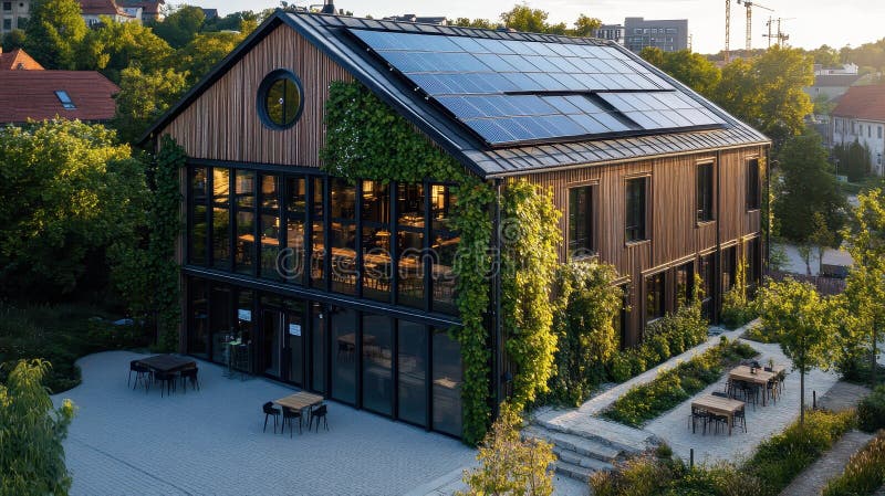 Modern Eco-friendly Building with Solar Panels and Greenery Stock ...