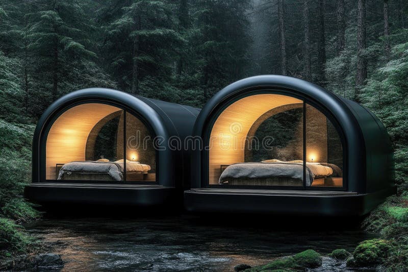 Modern Eco-friendly Cabins Nestled in Serene Forest Landscape with ...