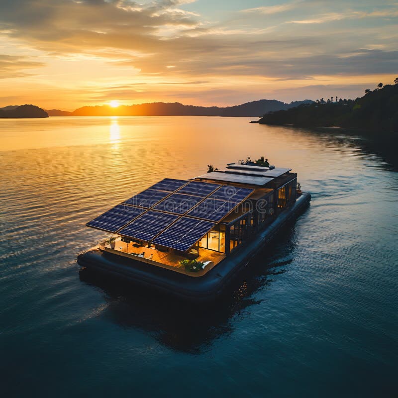 Modern EcoFriendly Floating Home with Solar Panels at Sunset Stock ...
