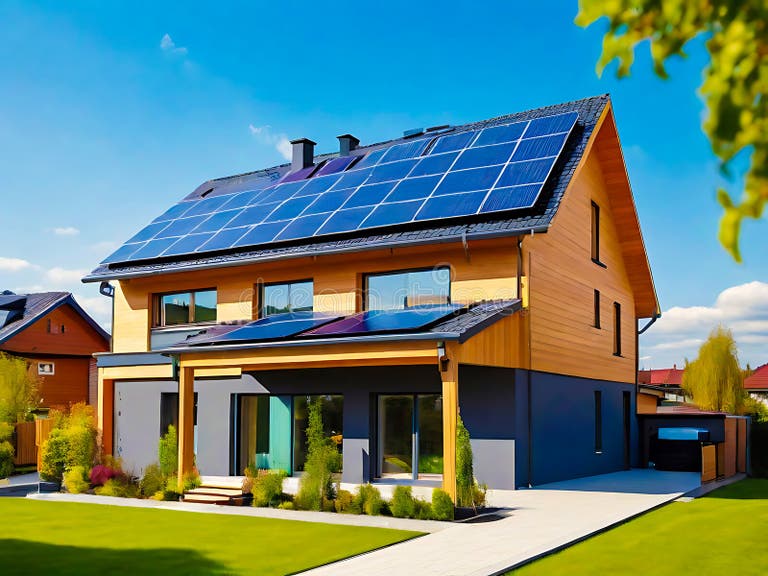 Modern Eco Friendly Smart Home with Solar Panels System on Rooftop ...