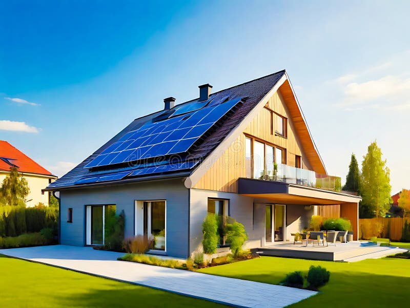 Modern Eco Friendly Smart Home with Solar Panels System on Rooftop ...