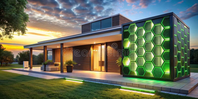 Modern Eco-friendly Home with Illuminated Hexagonal Solar Panel Feature ...