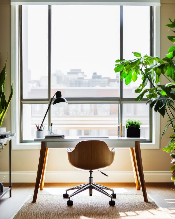 Modern and Eco-friendly Home Office. Desk in Front of a Large Window ...