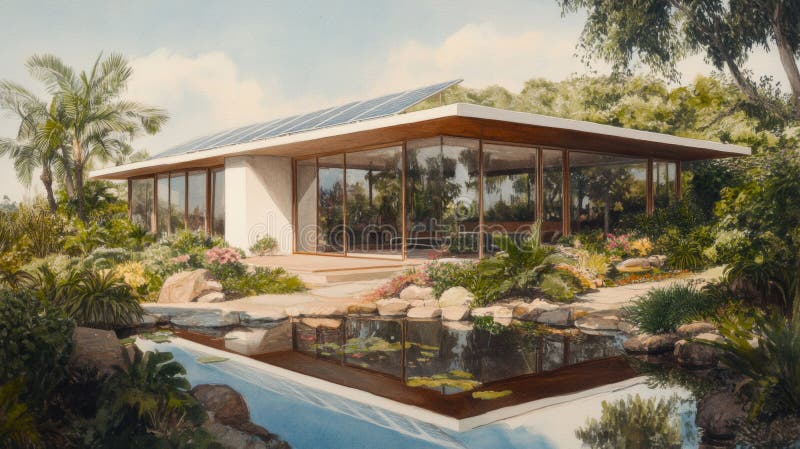 Modern Eco-friendly Home with Solar Panels and Lush Garden Oasis ...