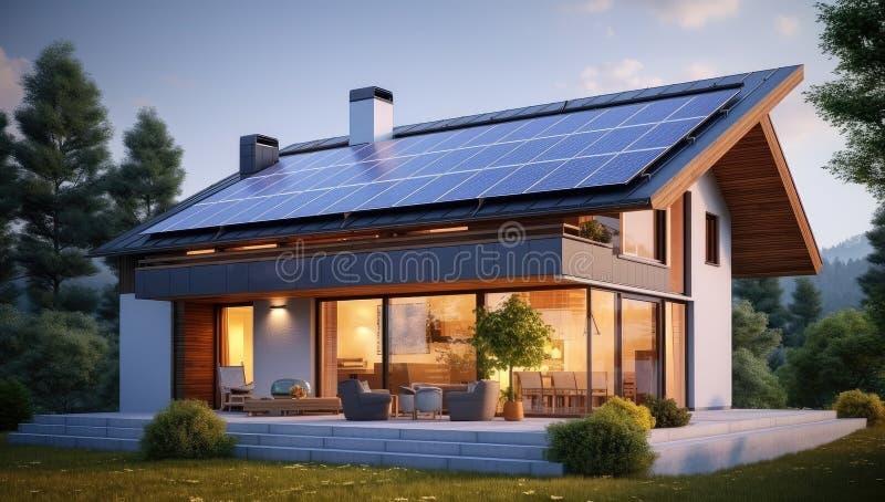 Modern Eco-Friendly Home with Solar Panels Overlooking a Pool ...