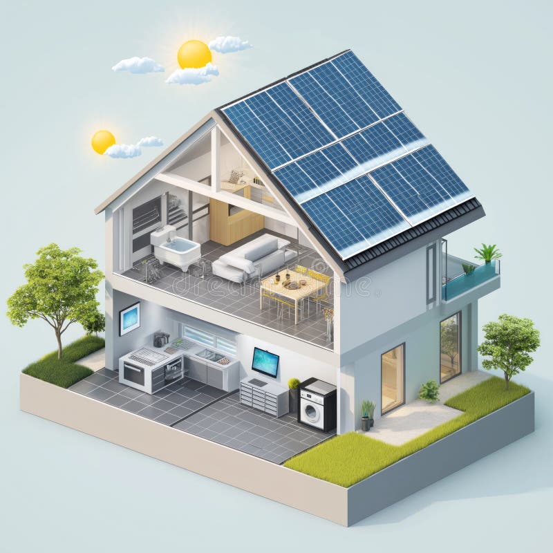 Modern Eco-friendly Home with Solar Panels and Sustainable Design Stock ...