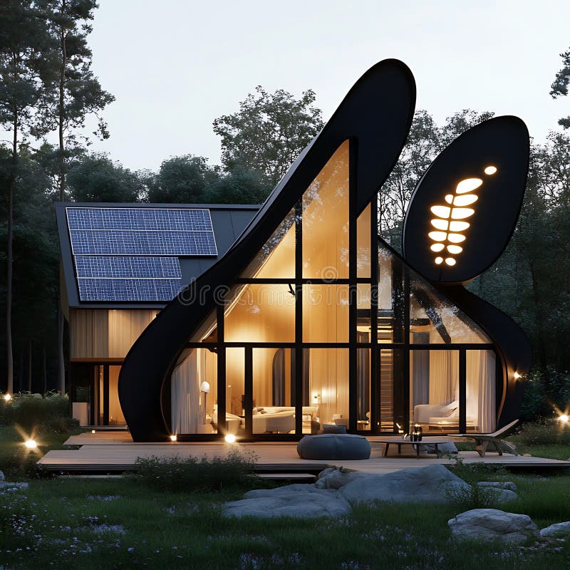 Modern EcoFriendly Home with Solar Panels and Unique Design in a Forest ...